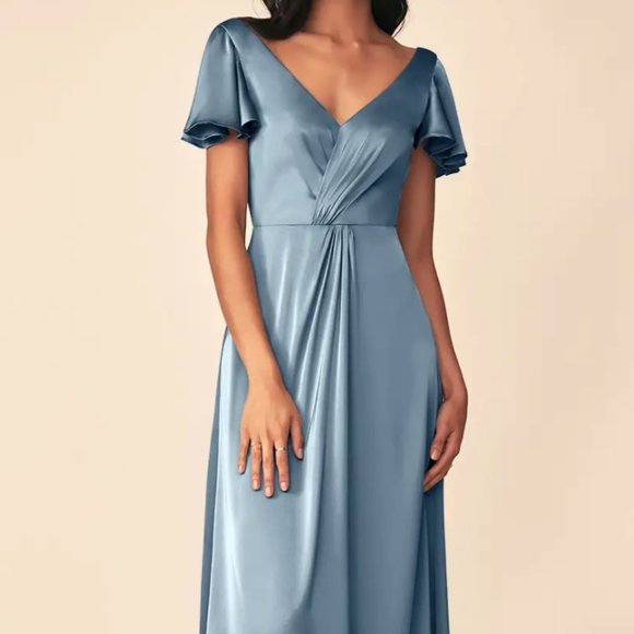 Azazie | Dresses | Azazie Soren Dress Dusty Blue Stretch Satin | Poshmark